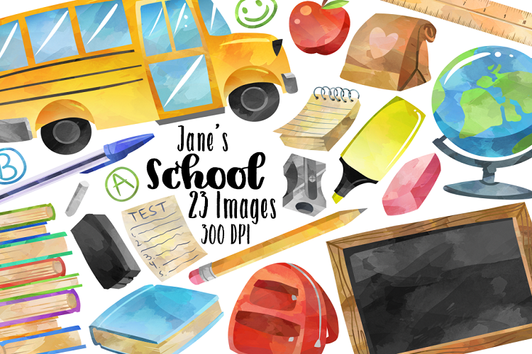 Watercolor School Supplies Clipart
