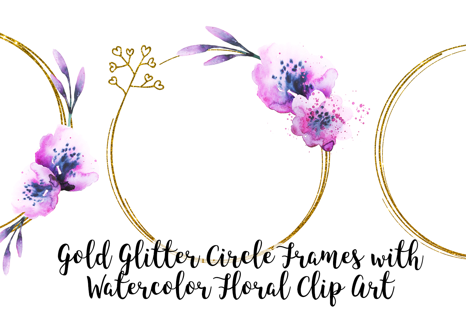 Gold Glitter Circle Frames with Watercolor Floral Clip Art