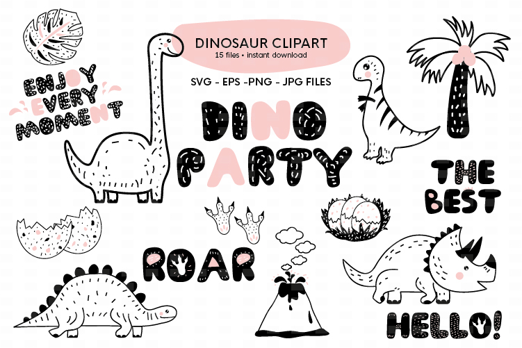 Dinosaur clipart set, black and white dinosaur graphics (267381 ...