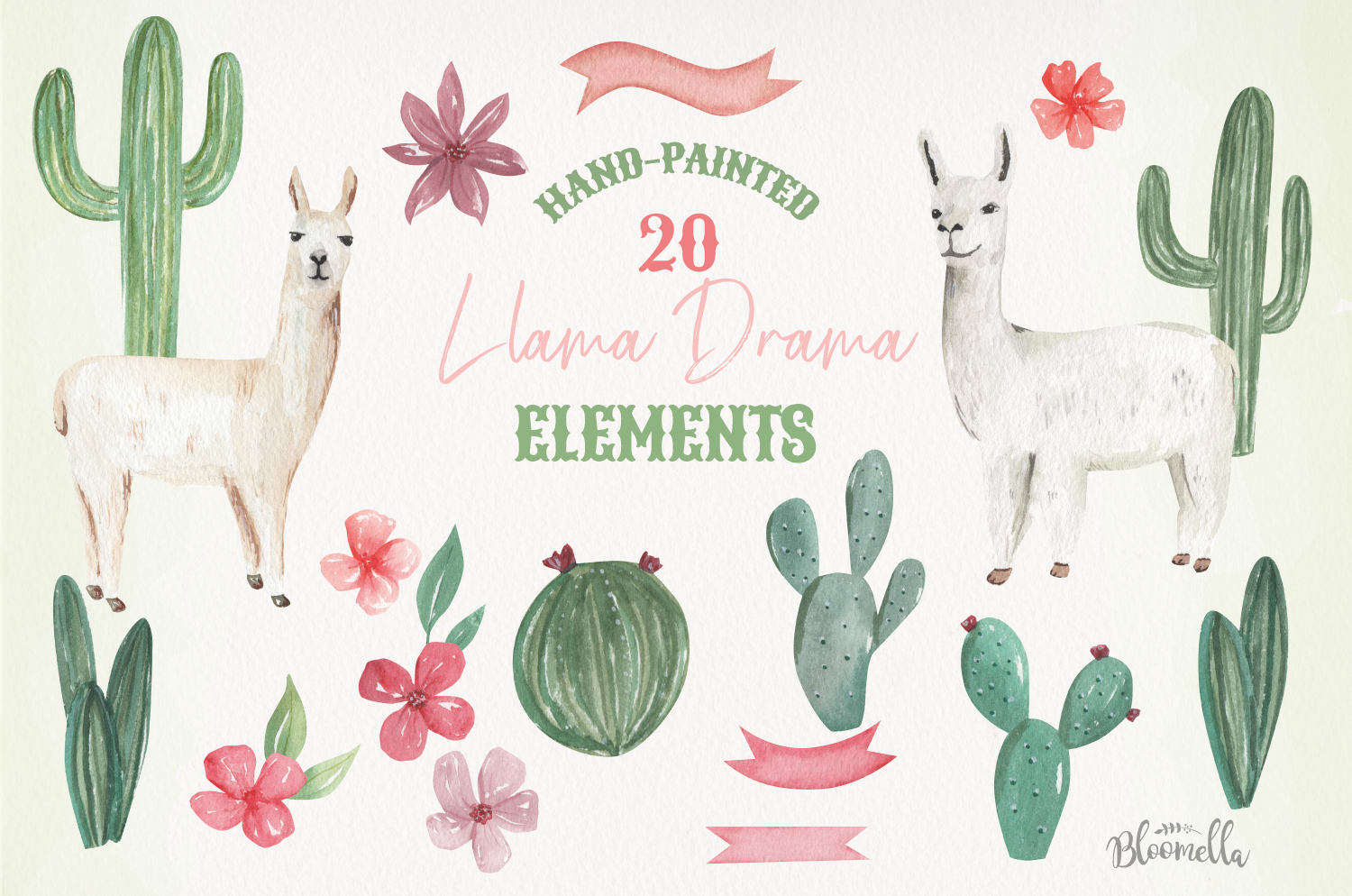 Watercolor Llama Drama 20 Elements Cactus Cacti Flowers