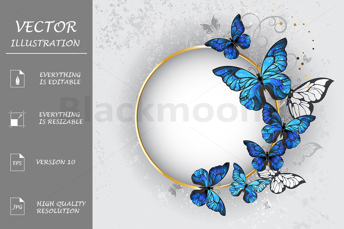 Round Banner with Blue Butterflies Morpho