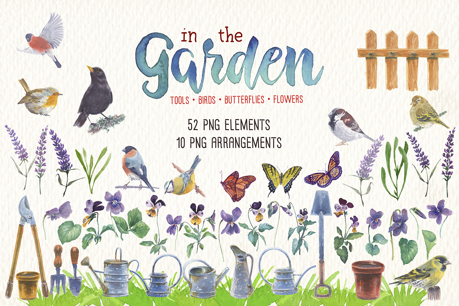 watercolor in the garden clip art (77789) | Illustrations | Design Bundles