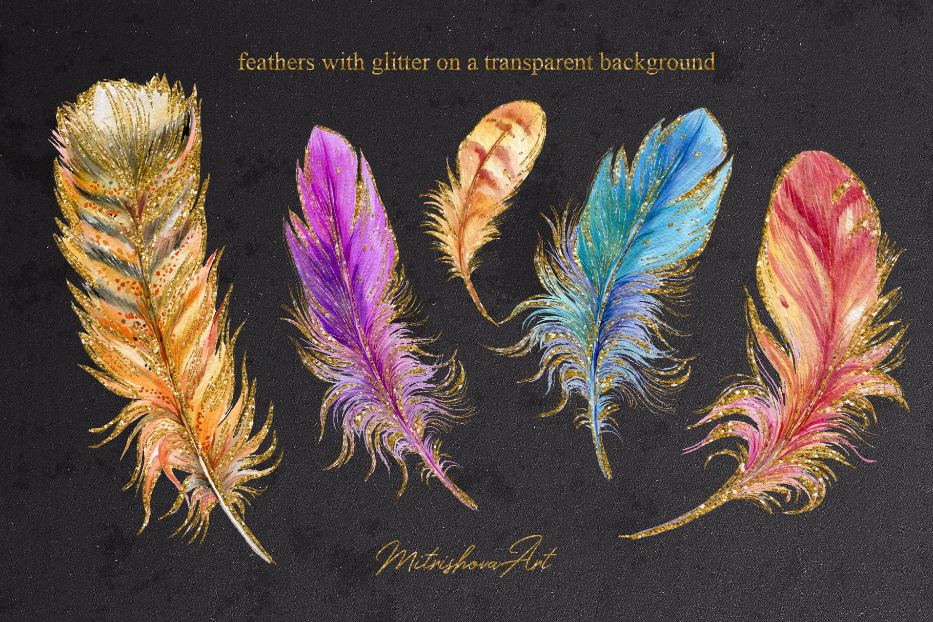Feathers Watercolor with glitter on a transparent background