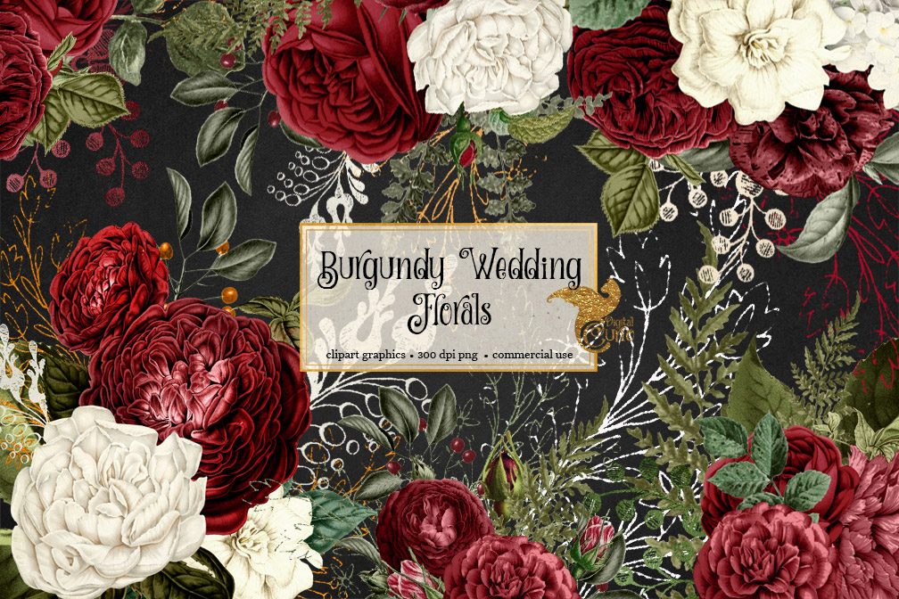 Burgundy Wedding Floral Clipart (78981) | Illustrations | Design Bundles