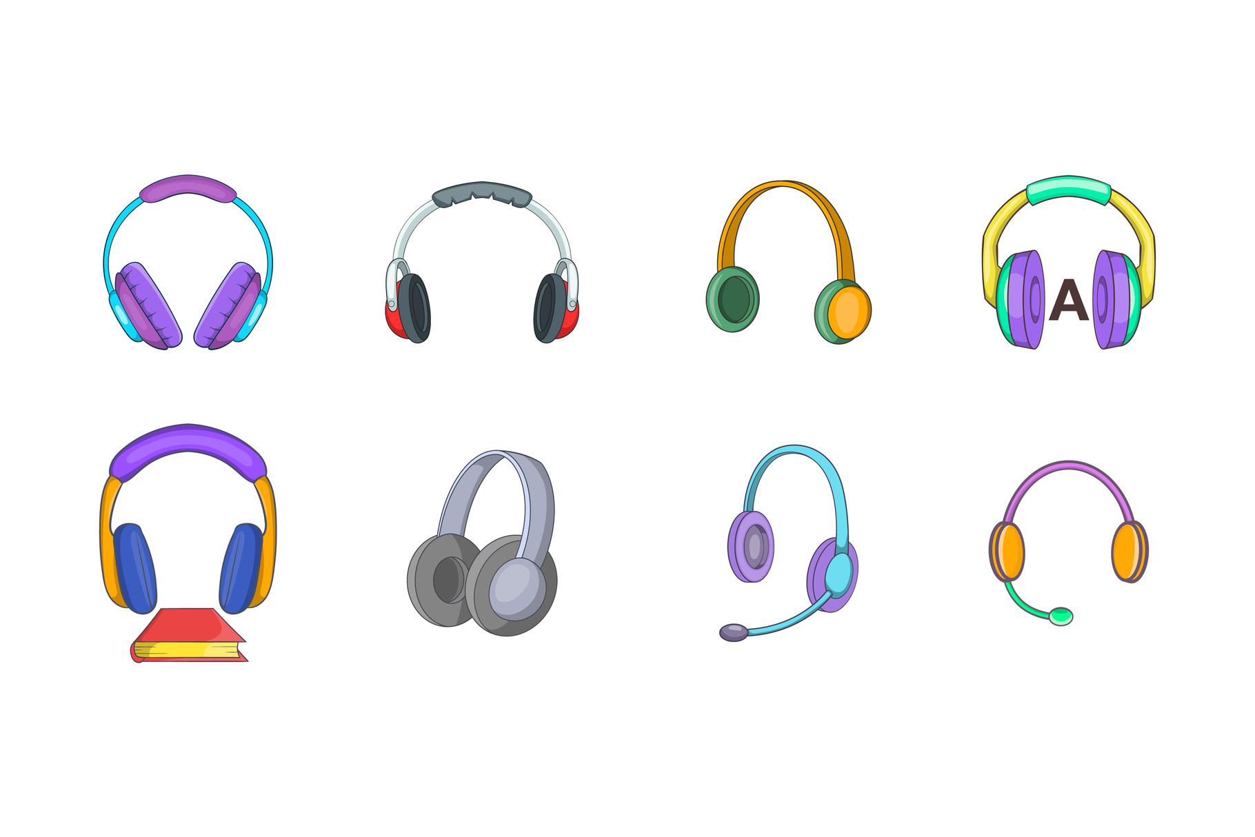 Headphones icon set, cartoon style