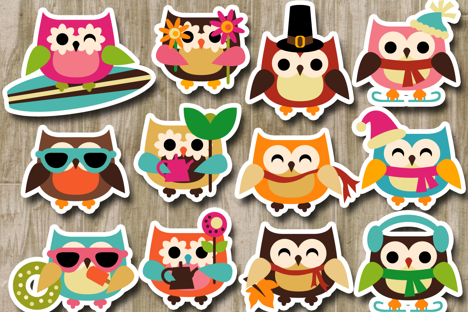 Four seasons owls clipart graphic illustrations (94469) | Illustrations ...