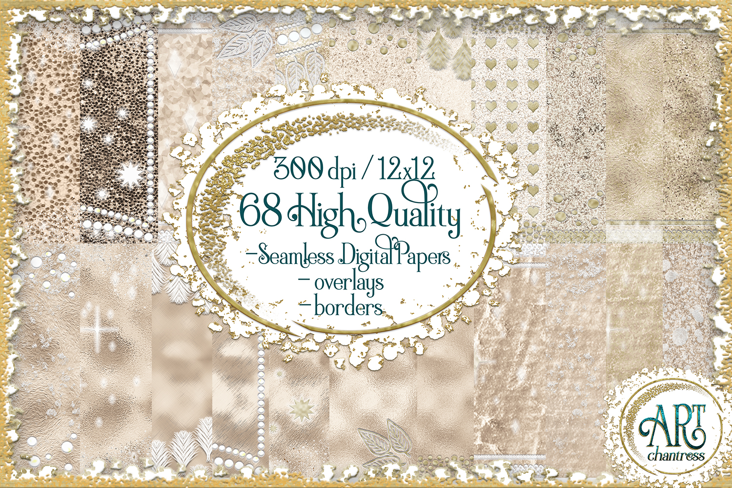 Champagne Ivory Gold Seamless Digital Papers,Border,Overlay