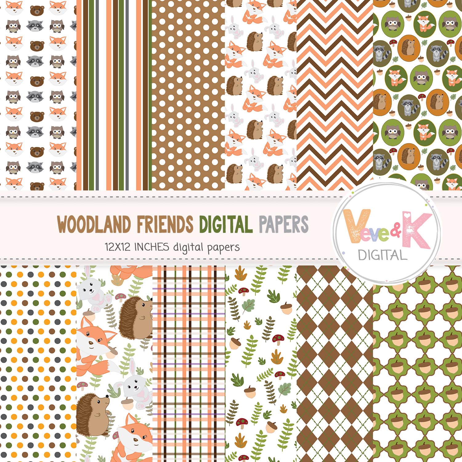 Woodland Animals Digital Papers, Forest Animals Papers, Fox, Deer, Bear ...