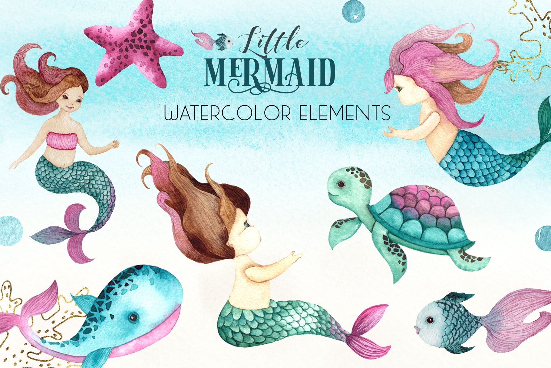 Little Mermaid. Watercolor collection