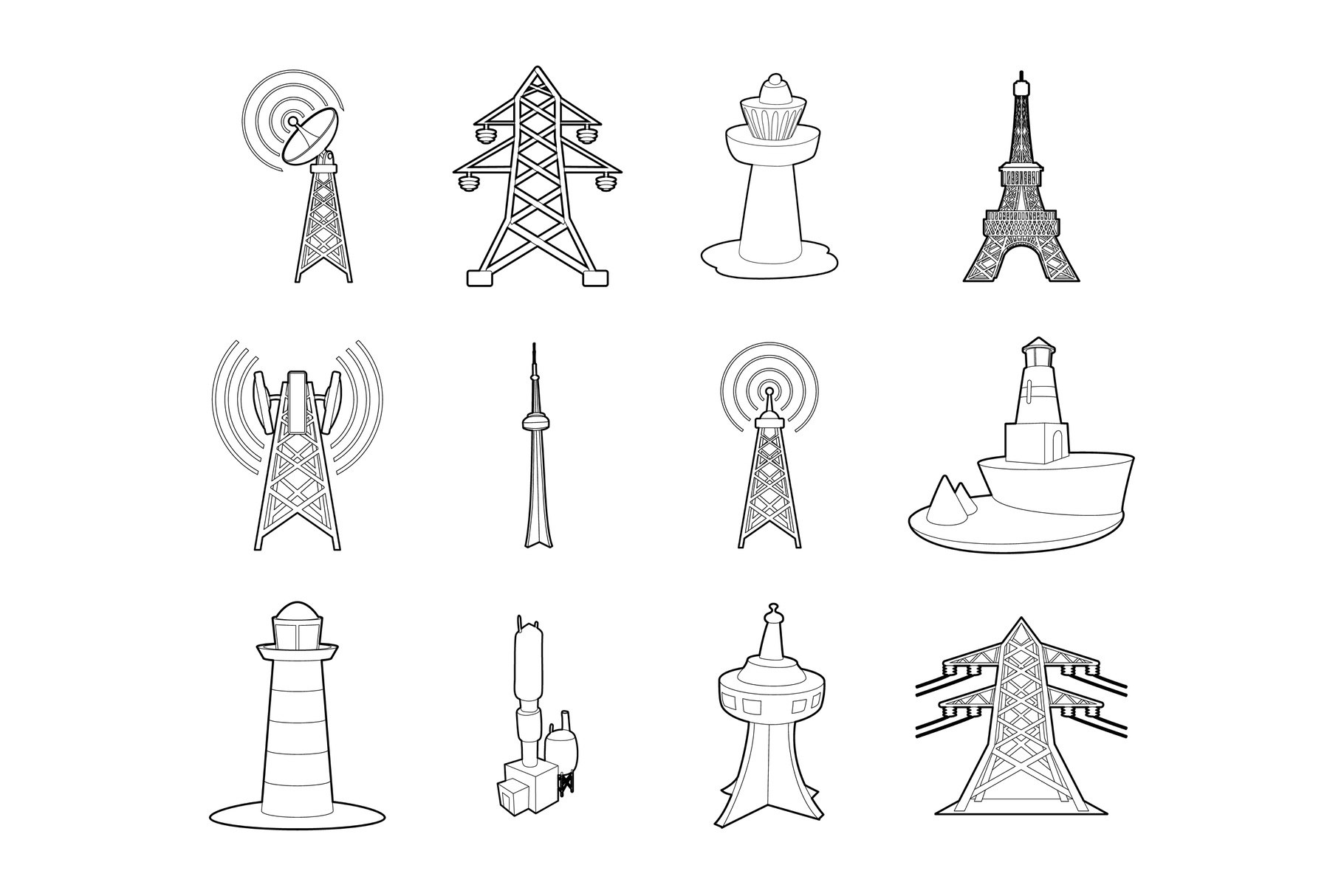 Tower icon set, outline style (380629) | Illustrations | Design Bundles