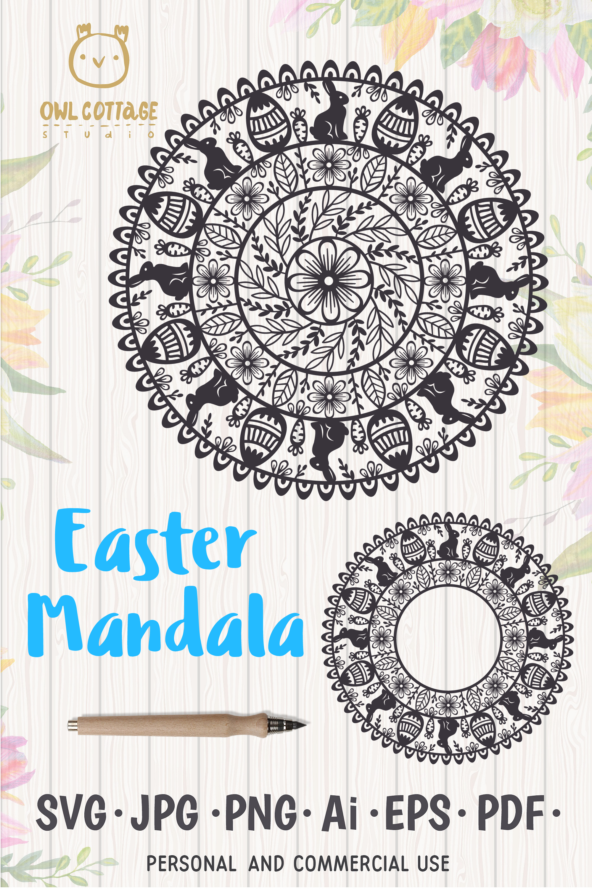 Easter Mandala Decor with Bunnies and Easter Eggs, Easter Mo