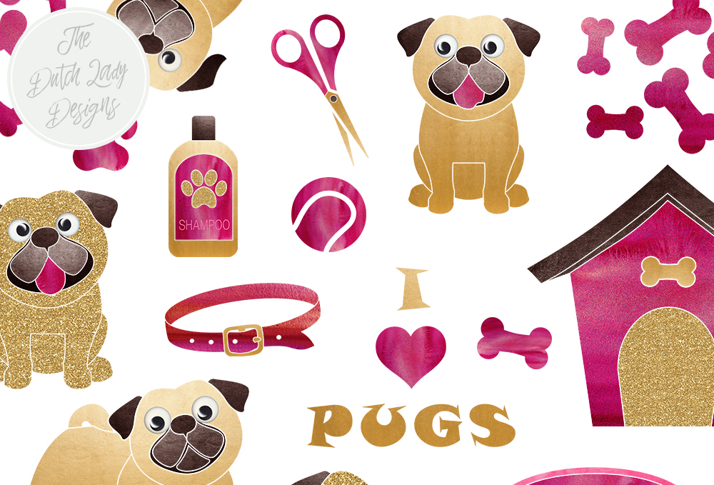 Pug & Dog Accessories Clipart Set (66807) | Illustrations | Design Bundles