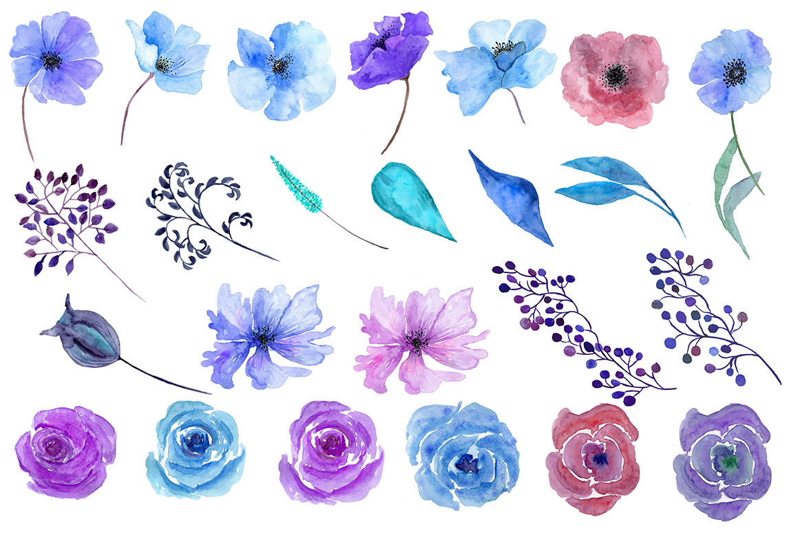 Watercolor blue flowers clipart
