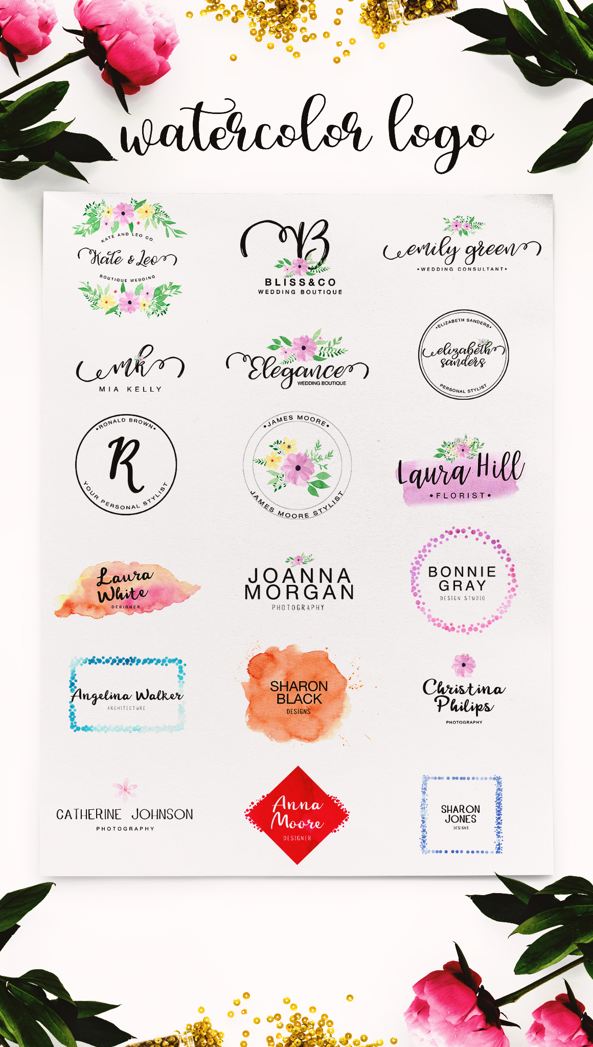 Watercolor Logo Kit 8 Fonts!