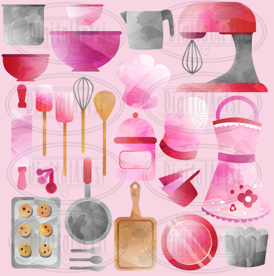 Watercolor Pink Cooking Supplies Clipart