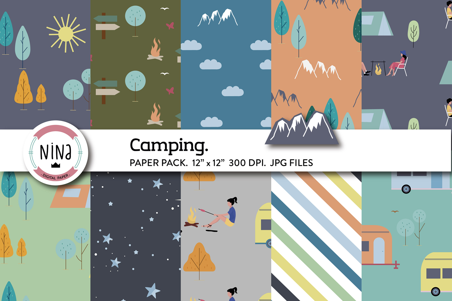 Camping Digital Paper, camping paper, happy camper