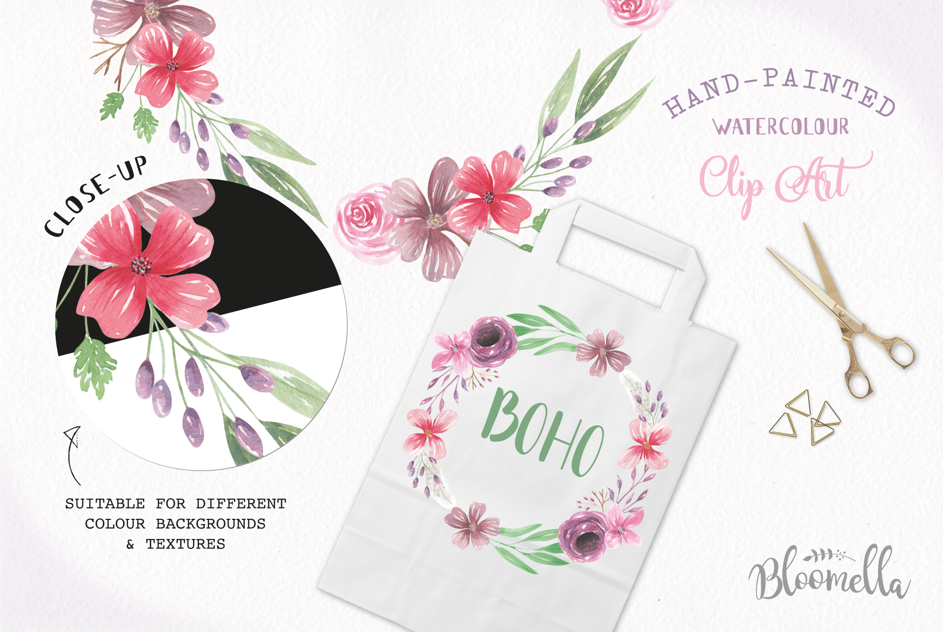 Watercolor Bohemian Clipart Wreaths Flowers Garlands Floral Pink Purple ...