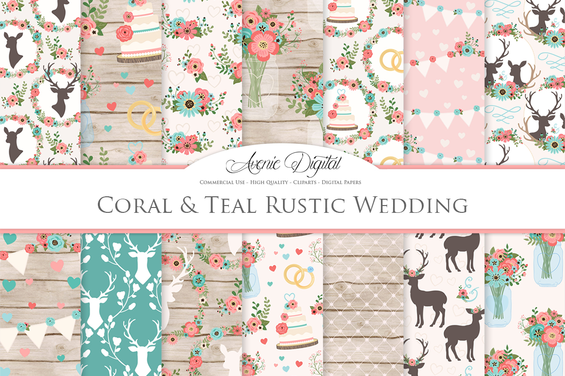 Coral and Teal Wedding Digital Paper - Rustic Deer Wedding Seamless ...