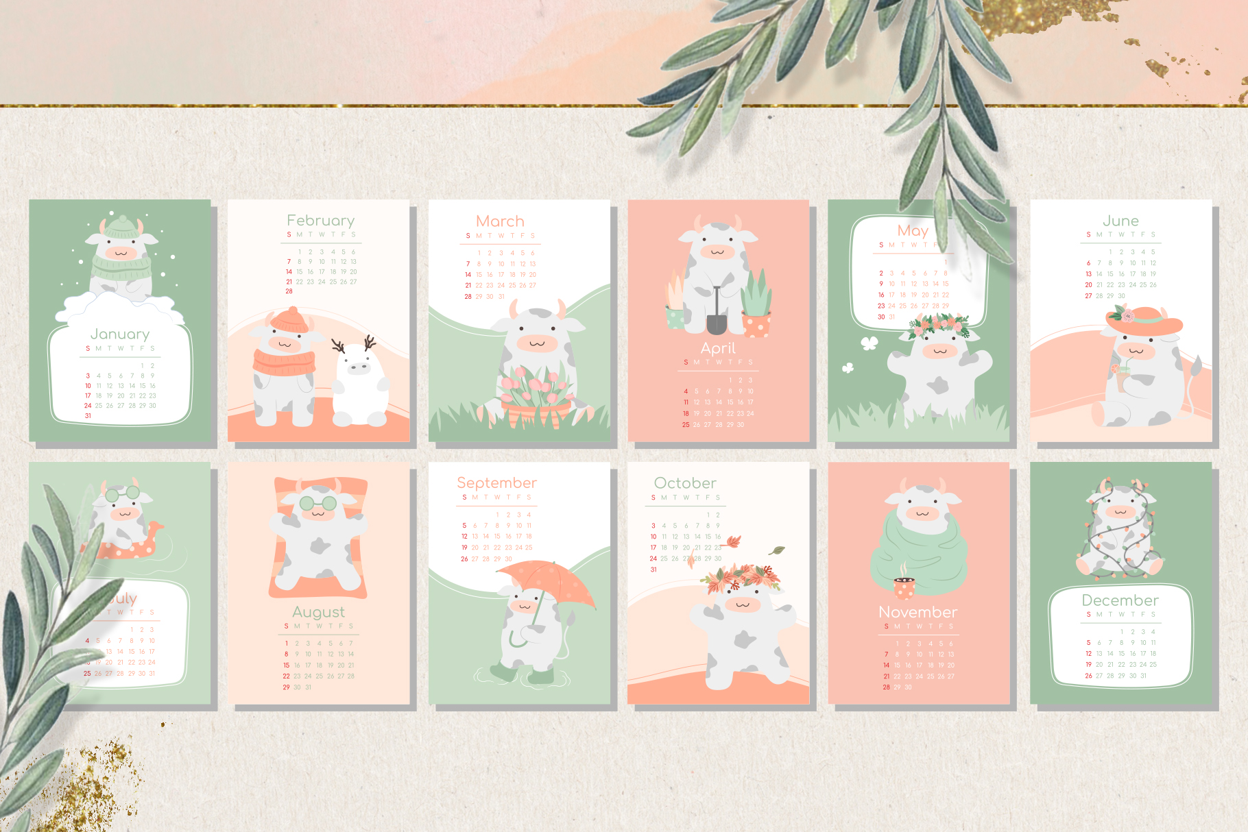 Cute Cow. Calendar 2021