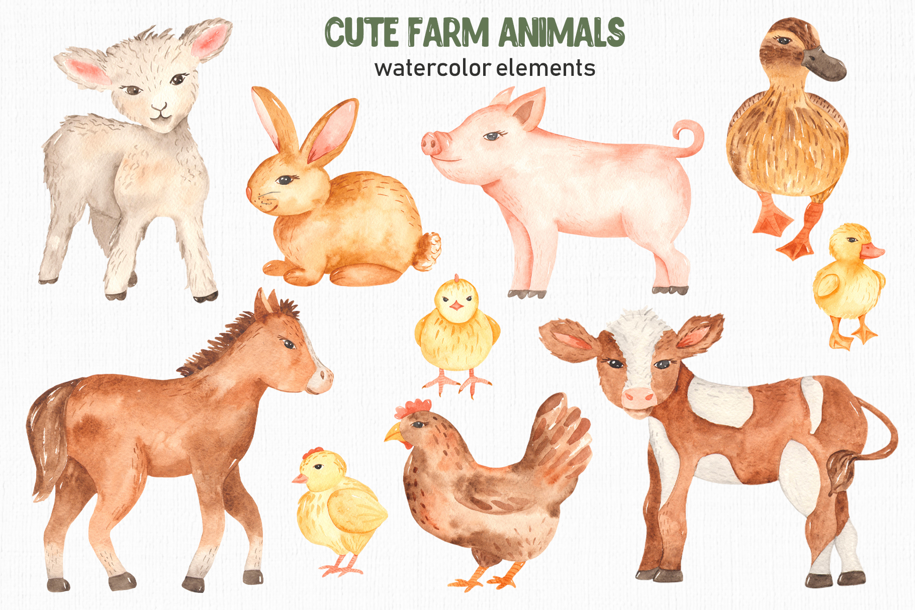 Cute farm animals watercolor collection clipart