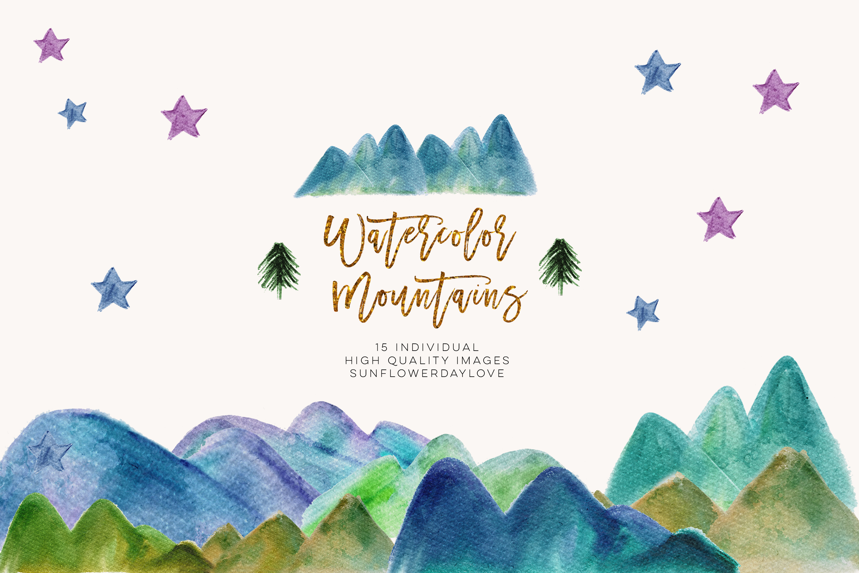 Watercolor Mountain Borders Clip Art, Mountain Forest Green