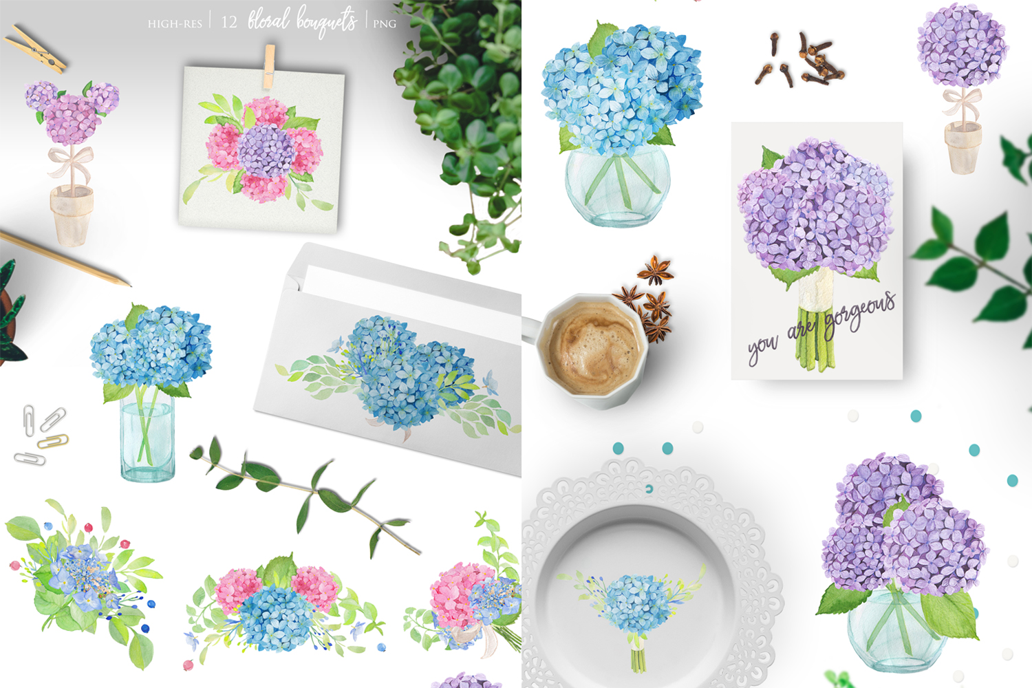 Watercolor Hydrangea Floral Clipart (274488) | Illustrations | Design ...