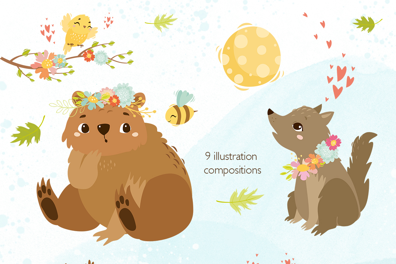 Woodland animals. Cute Animals clipart. Spring forest. Deer