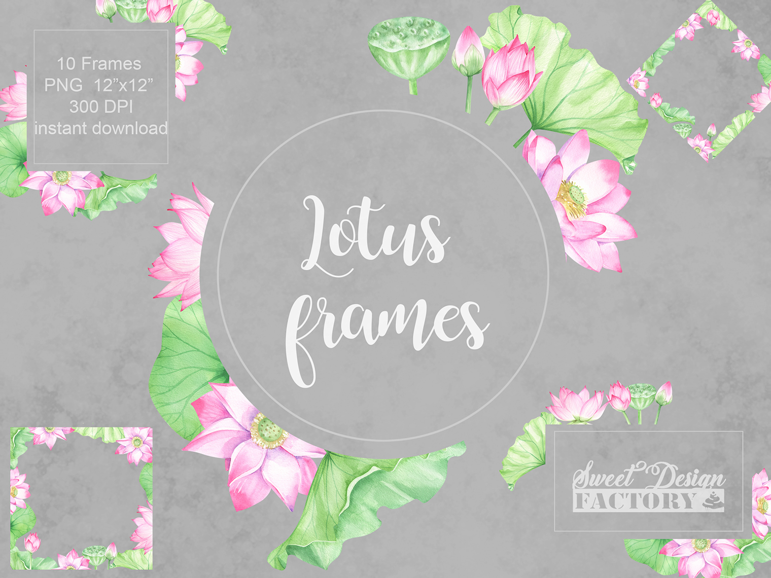 Watercolor lotus flowers pre-made frames