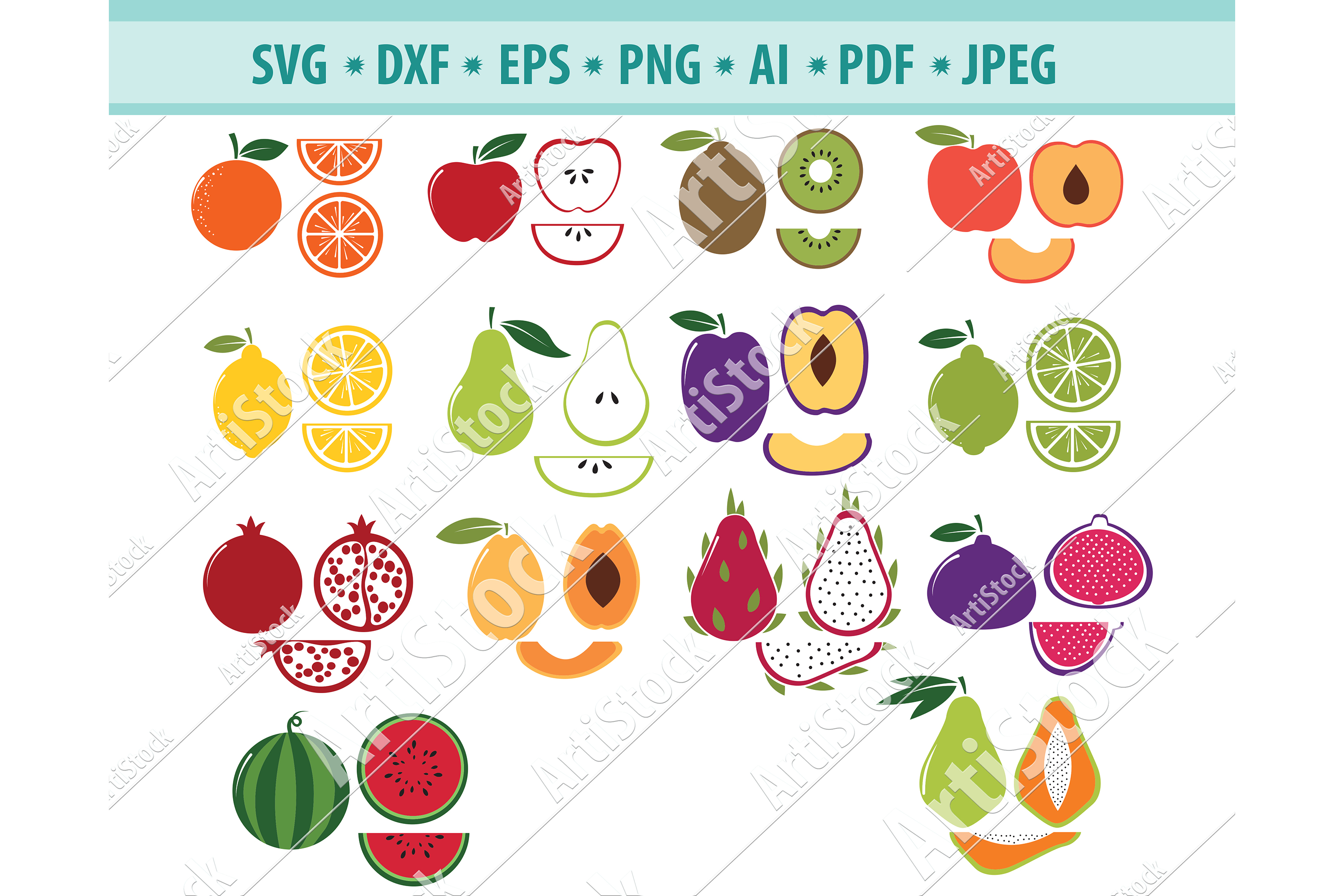 Fruits bundle svg, Healthy food Png, Exsotic fruits Dxf, Eps