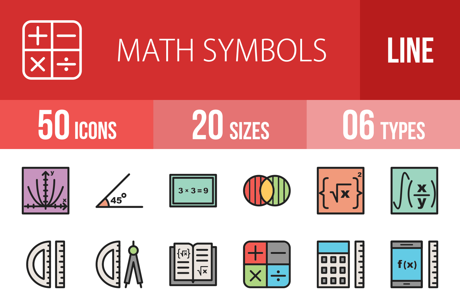 50 Math Symbols Linear Multicolor Icons