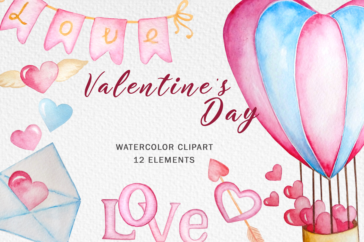 Watercolor Valentine's Day Clipart, Love Clipart