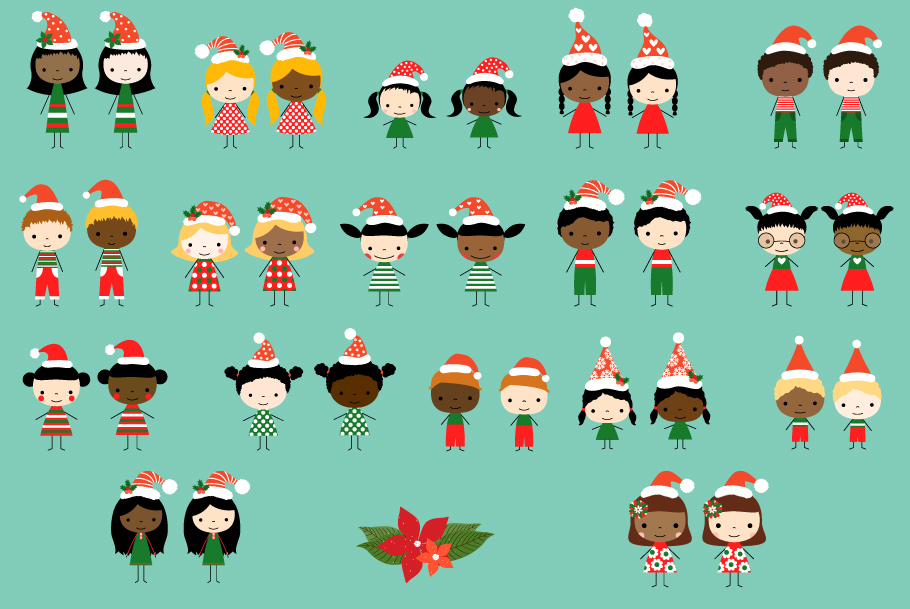 Cute Christmas Stick Figures Clipart with Santa Hats