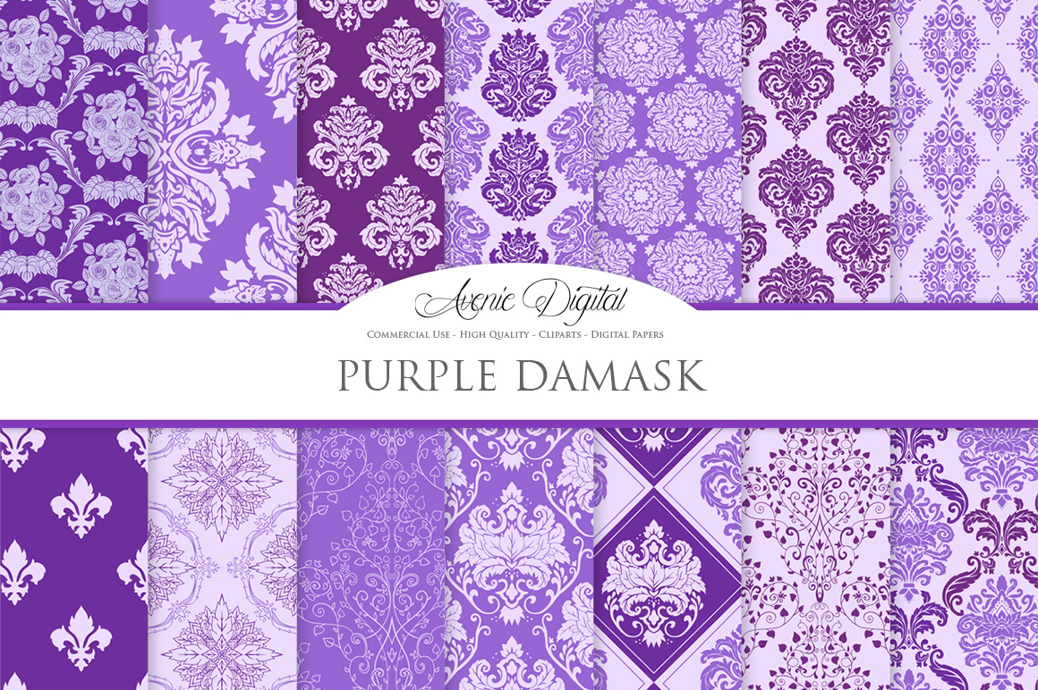 28 Purple Damask Patterns - Seamless Digital Papers Bundle