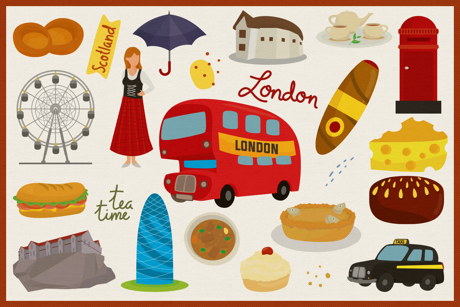 UK Icons Vector Clipart and Seamless Pattern