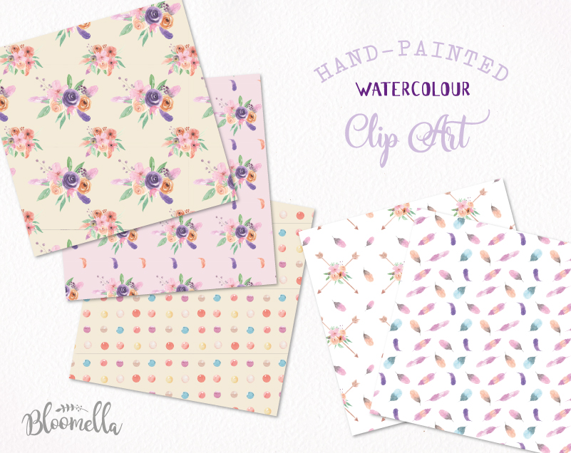 Floral Arrows Watercolor Patterns Seamless Digital Papers Feather Boho ...