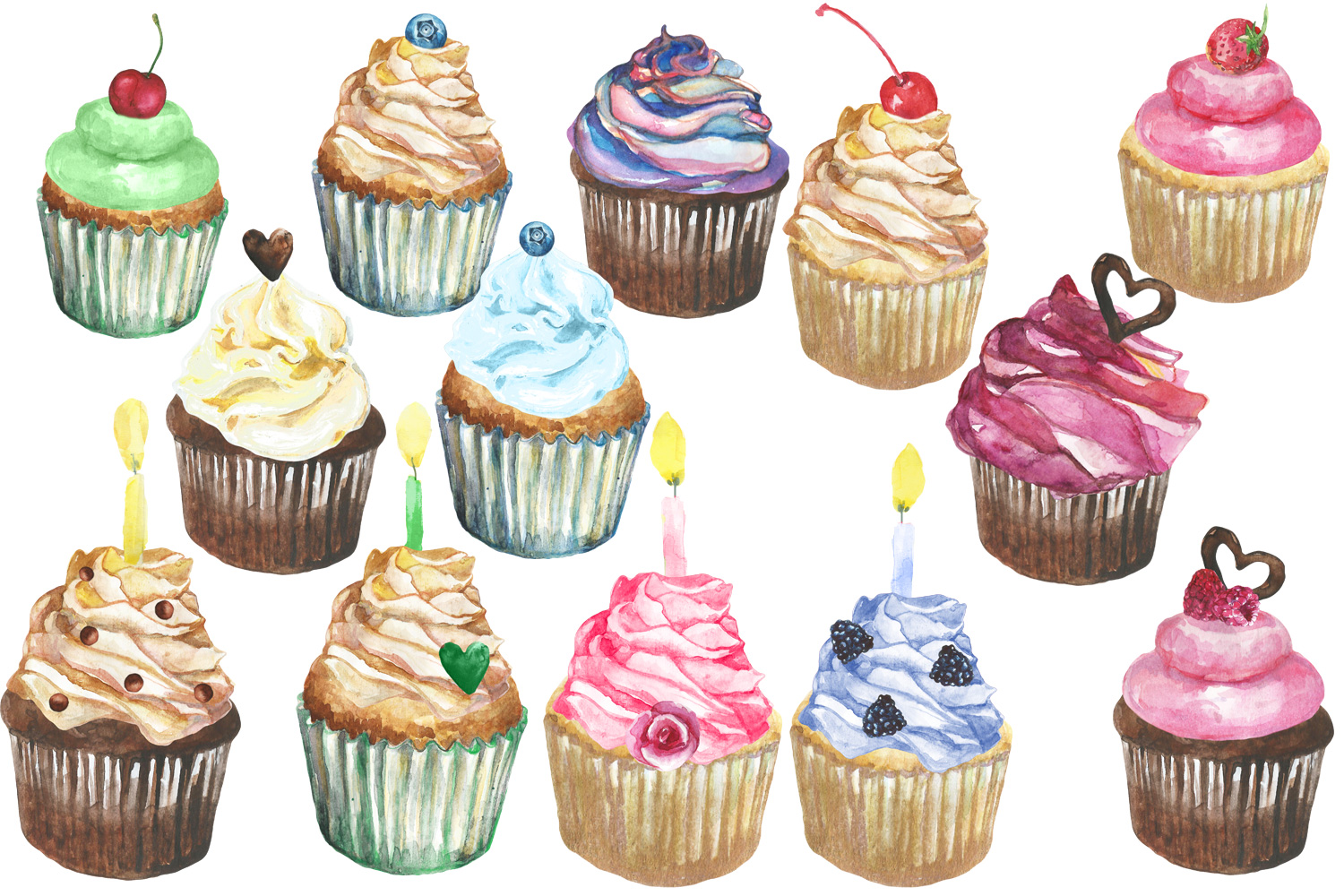 Digital Watercolor Cupcakes Clip art (24599) | Illustrations | Design ...