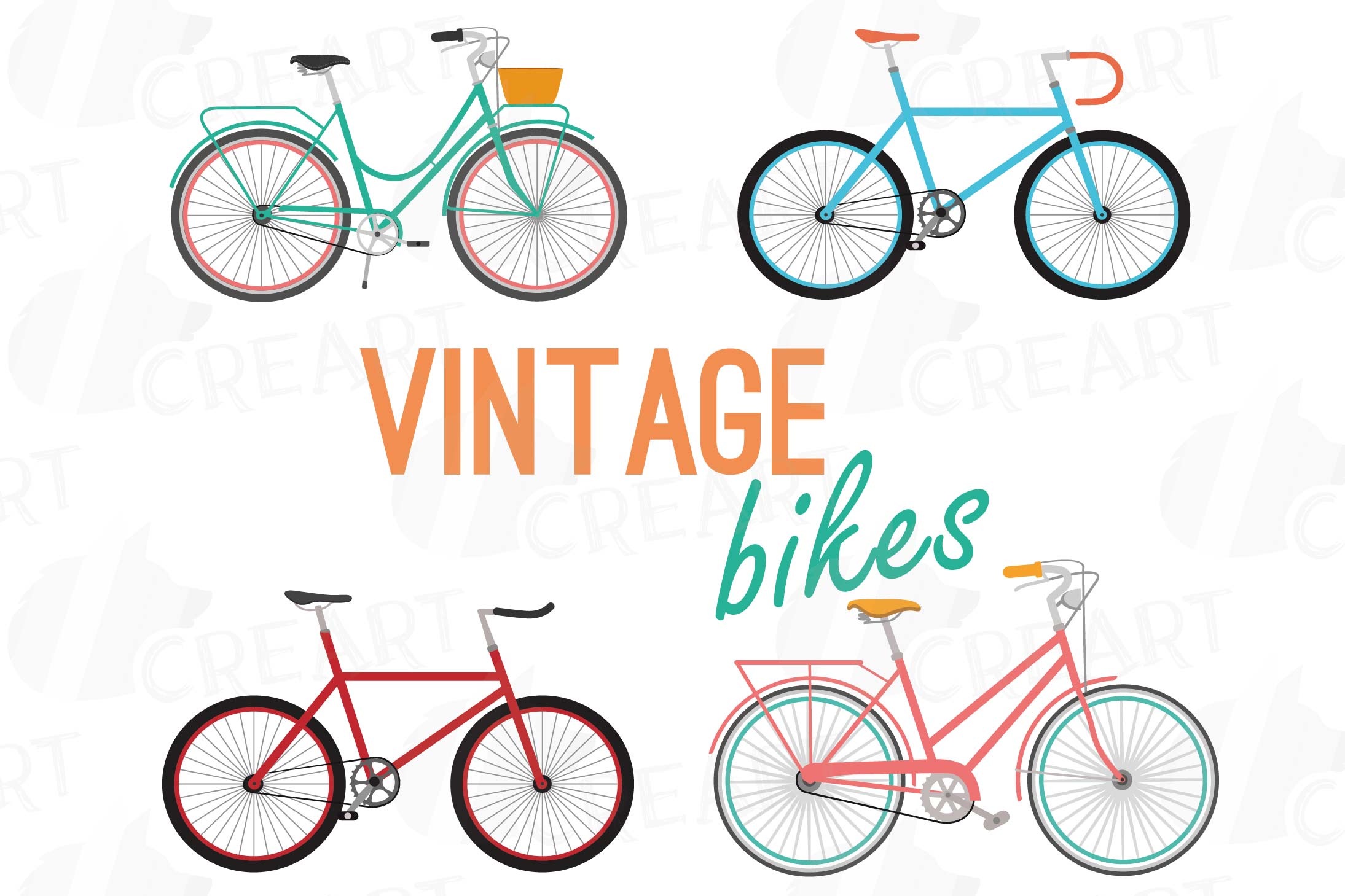 Colorful bicycles clip art pack, vintage bikes collection