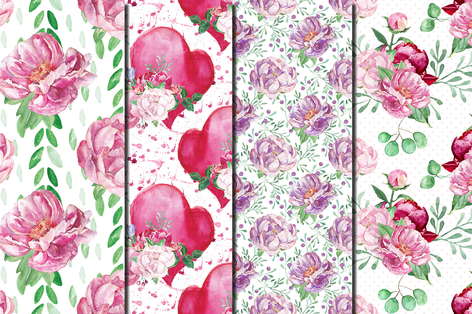 Watercolor Pink Peonies seamless digital paper pack (48148 ...