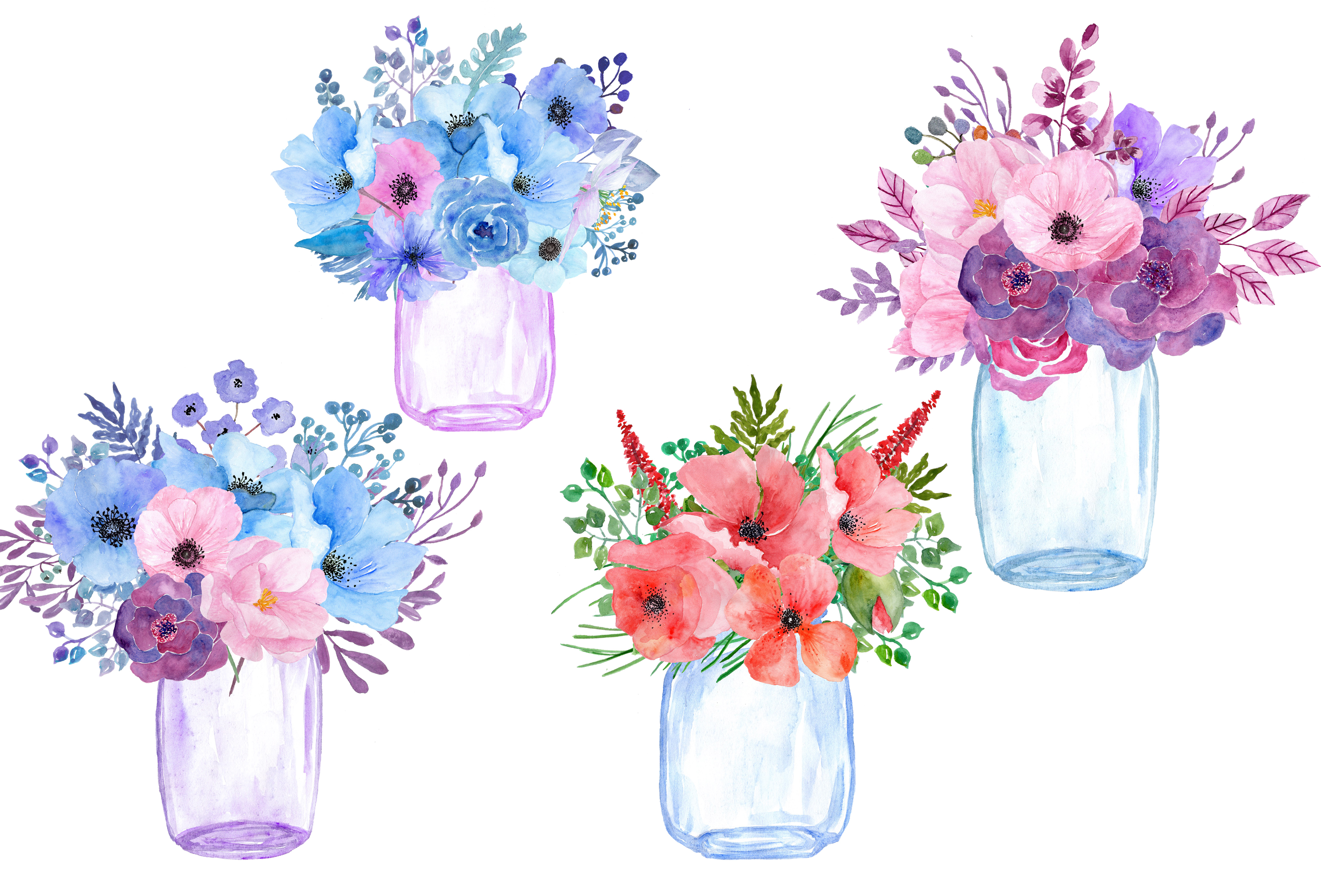 Watercolor floral Mason Jars clipart