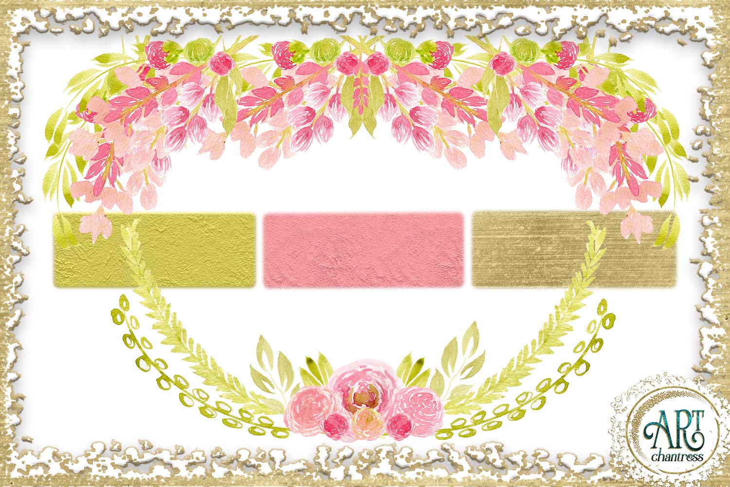 Watercolor Floral pink wreath - GOLD frame -5 PNG elements