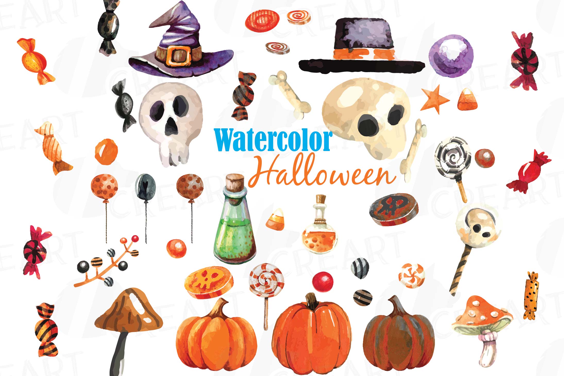 Watercolor Halloween clip art pack, Halloween candy, skull (110416 ...