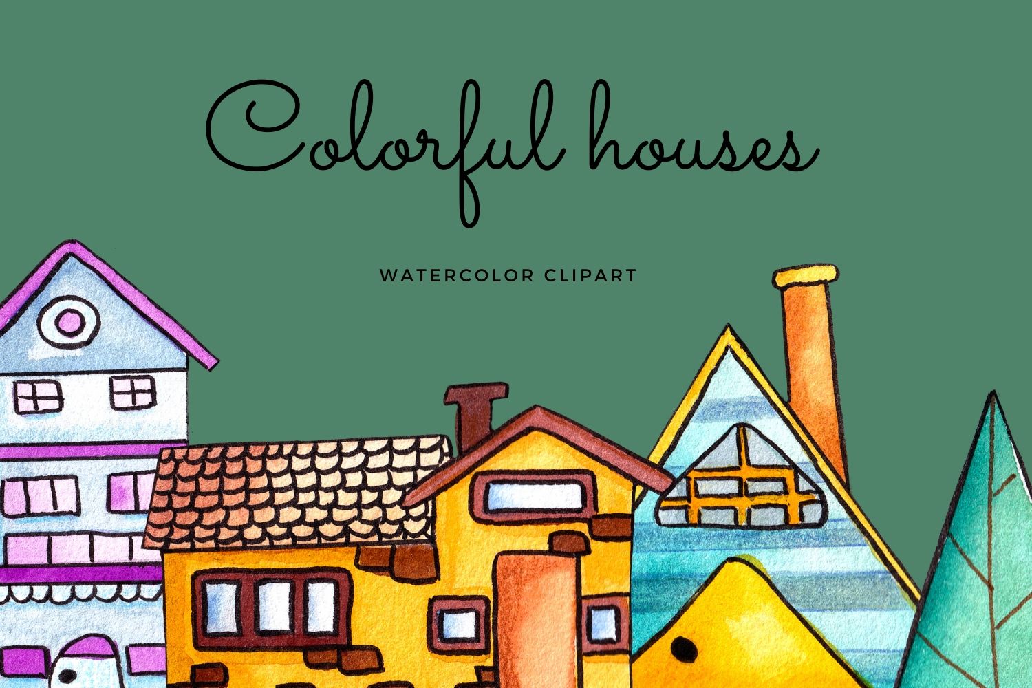 Watercolor houses clip art