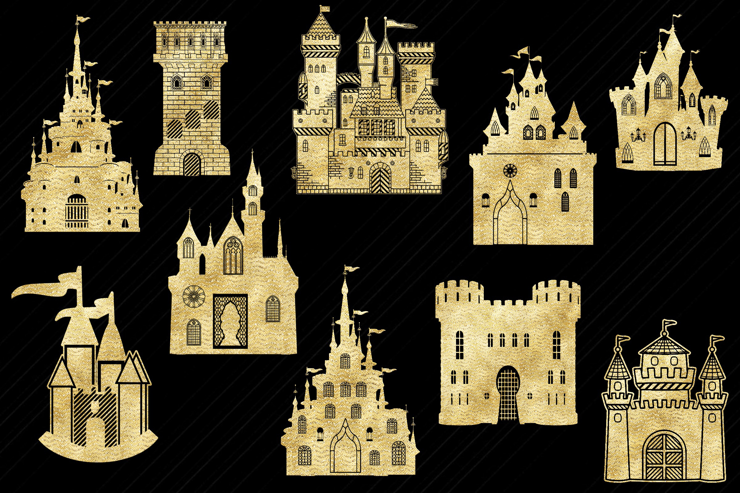 Gold Foil Castle Clip Art (160339) | Illustrations | Design Bundles