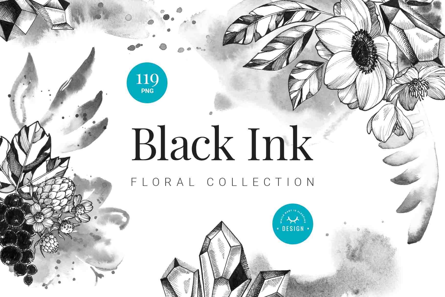 Black Ink Flowers and Watercolor