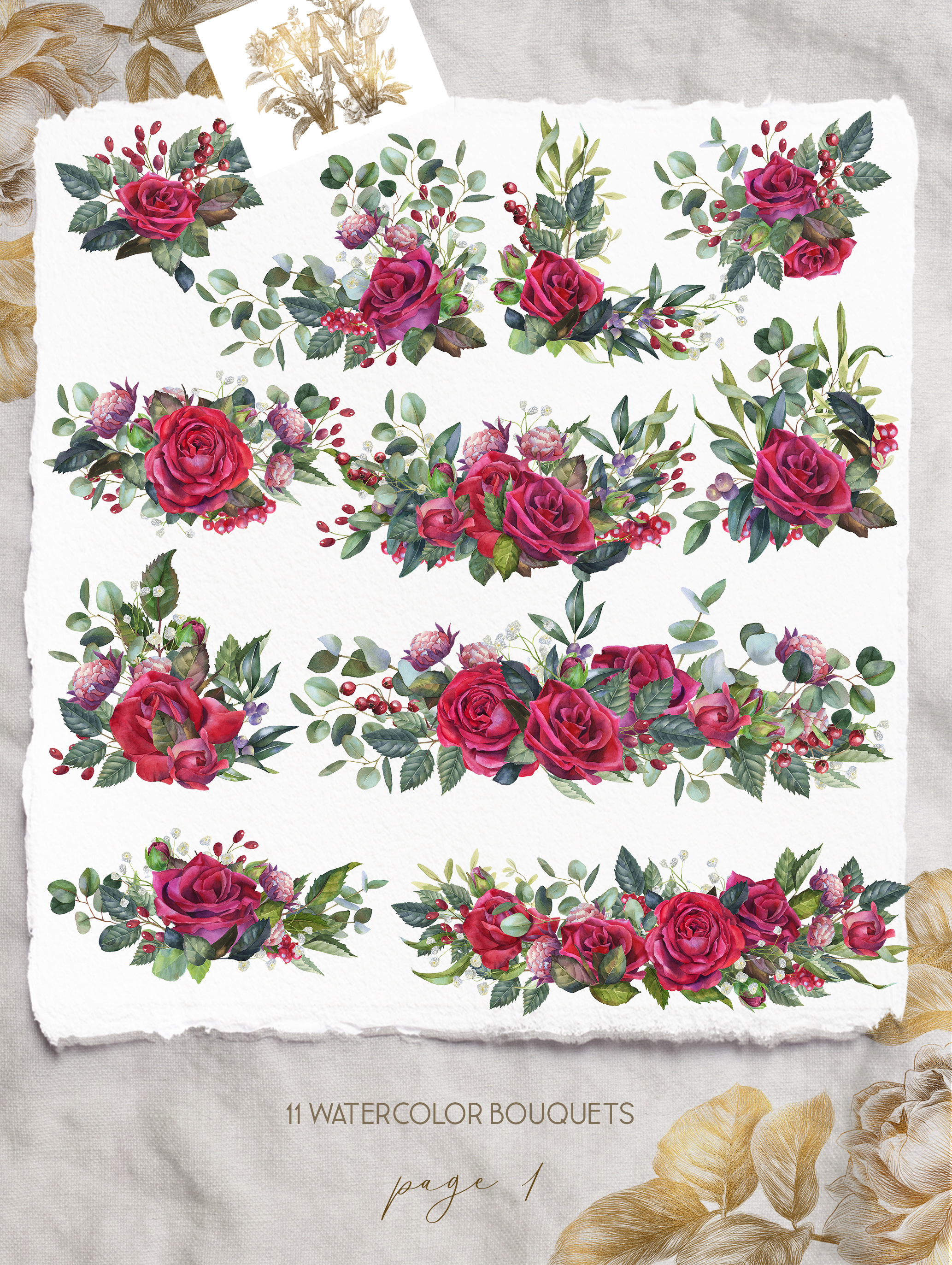 Marsala red rose floral border clip art, wedding Watercolor