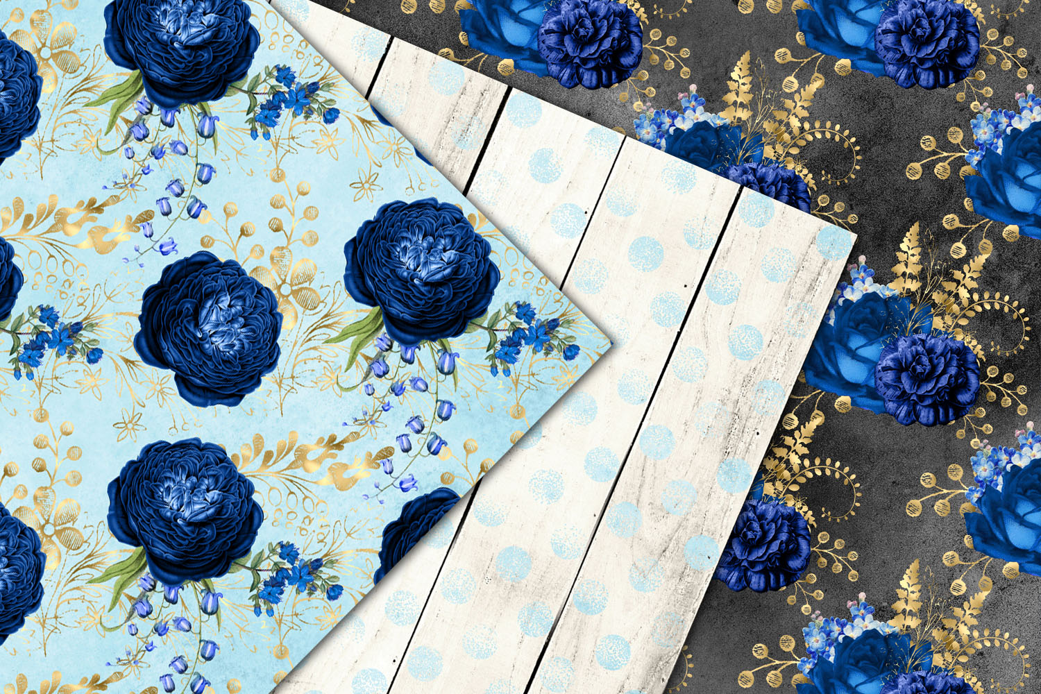 Royal Blue and Gold Floral Digital Paper