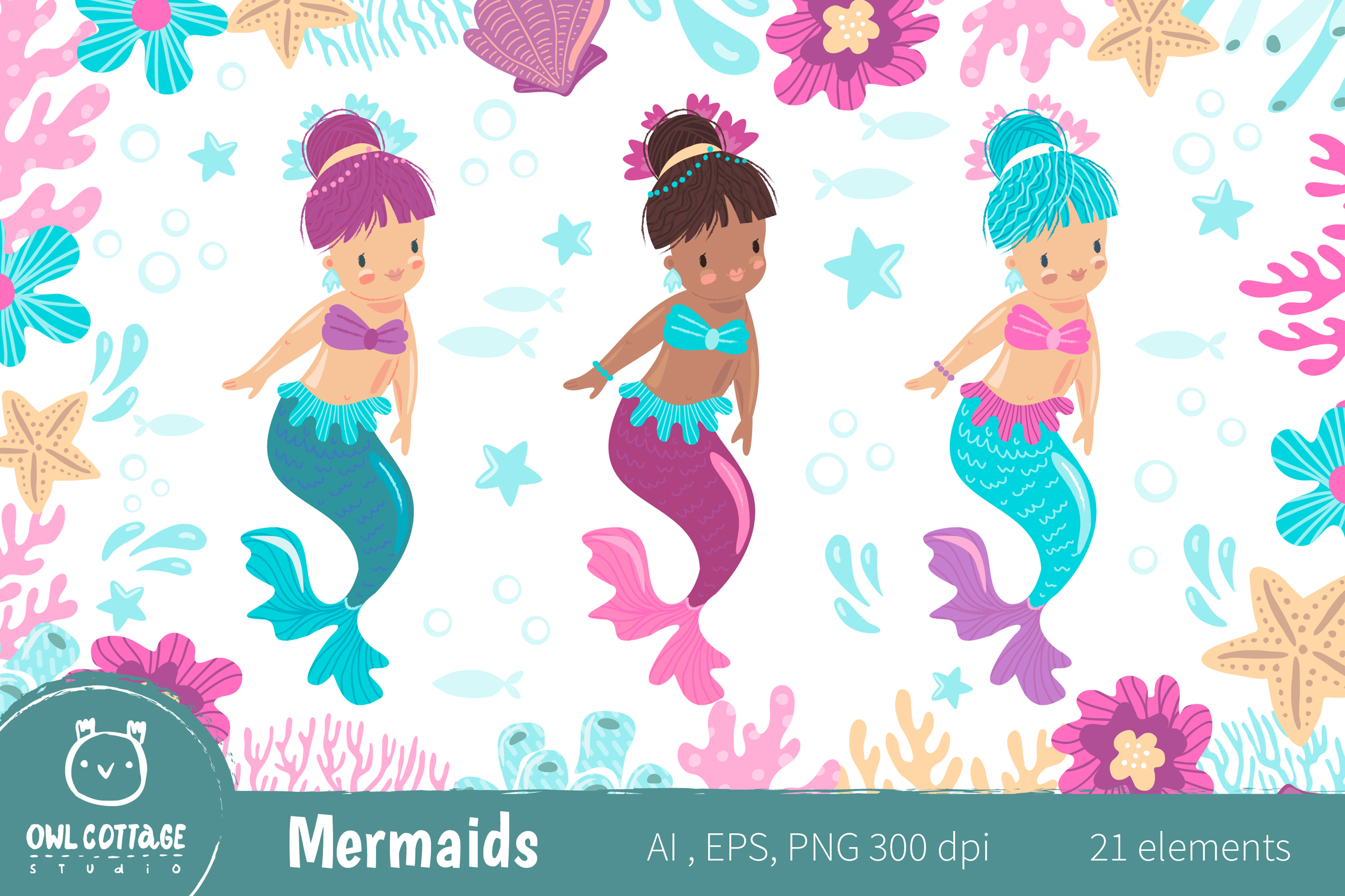 Mermaids Clipart Set , Vector and Raster Graphics (328384 ...