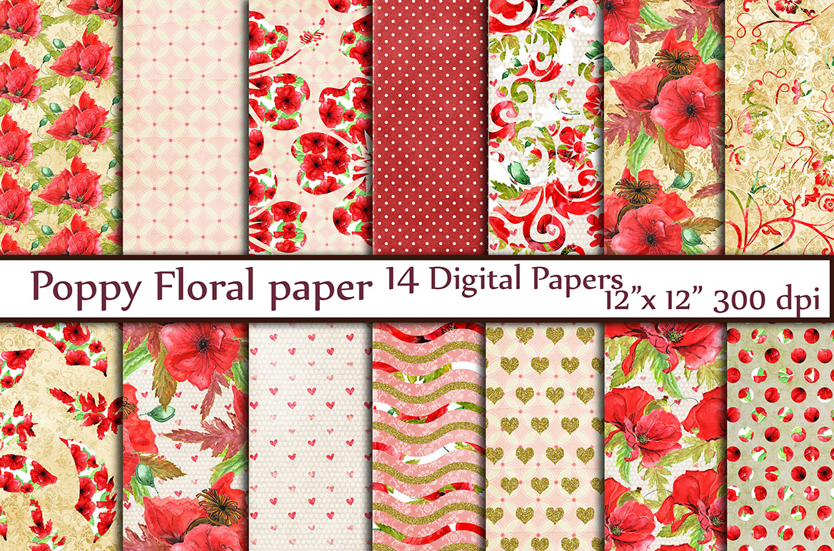 Red floral digital paper pack