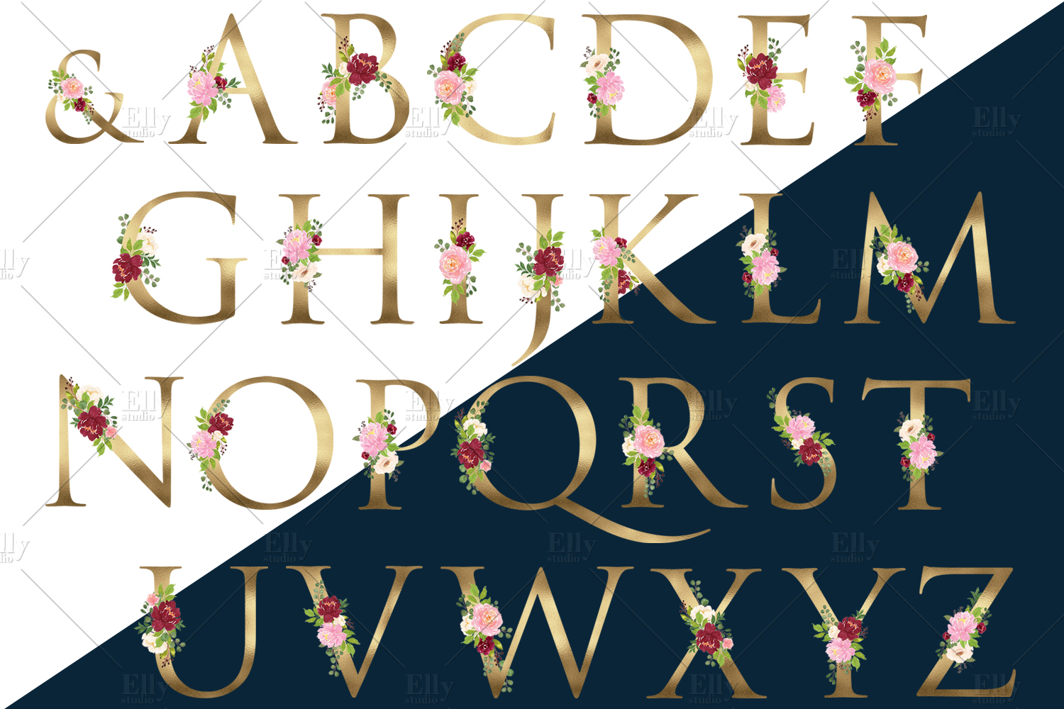 Gold Floral Alphabet Clip Art (85478) | Illustrations | Design Bundles