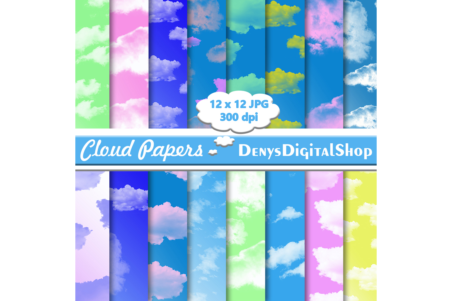Cloud Digital Paper, Cloud Pattern, Cloud Print, Blue, OFF50